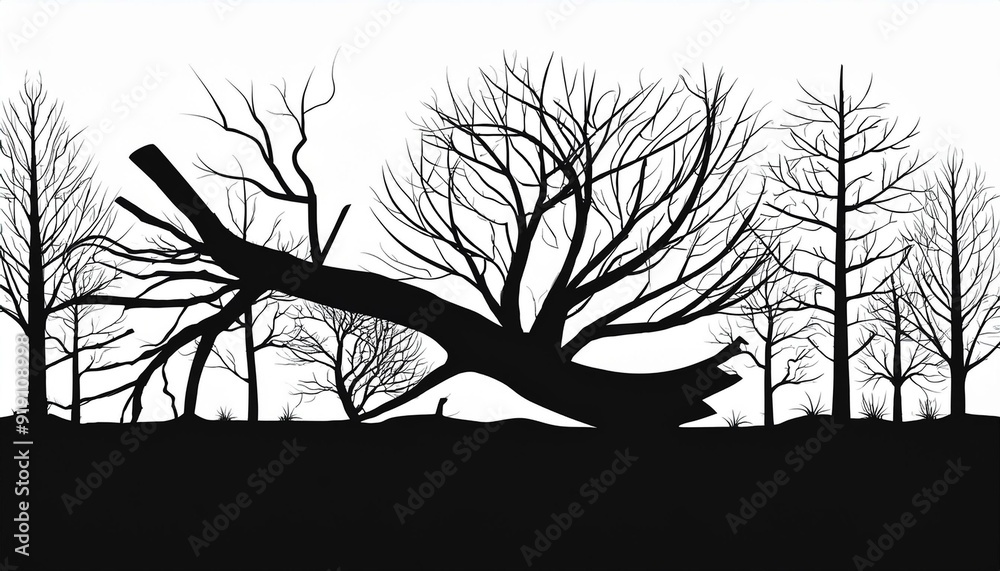 Broken tree isolated silhouettes. Black template of destroyed forest ...