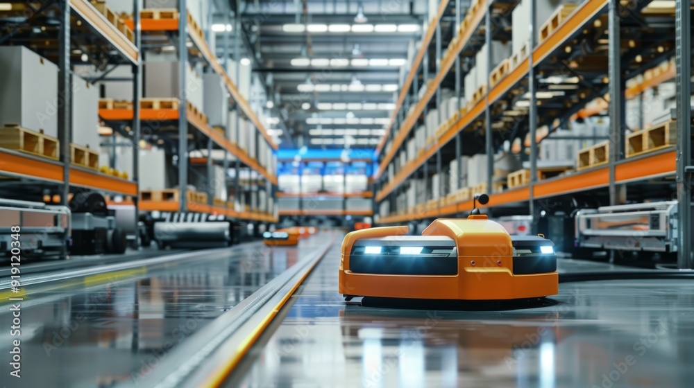 Automated guided vehicles navigating a factory floor, representing the ...