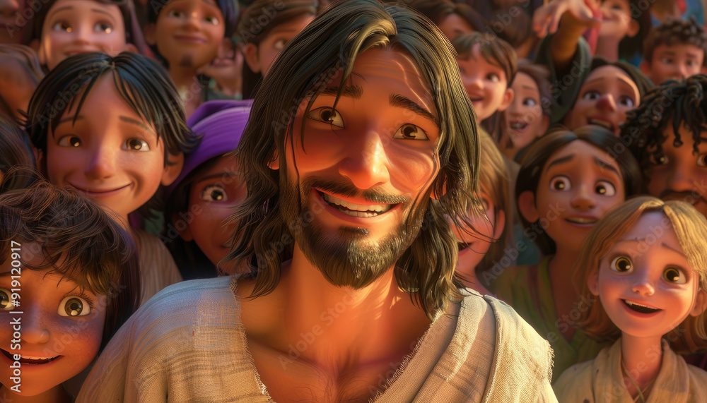 A cartoon illustration of Jesus smiling and looking at the camera, with ...