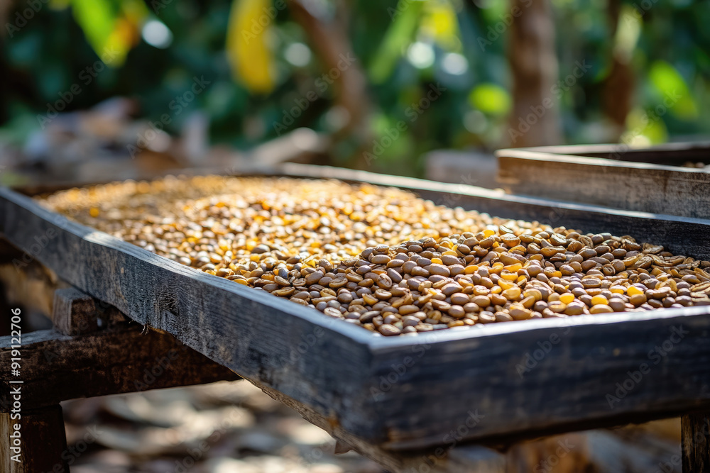 Coffee drying area with different types of coffee beans on a farm in ...
