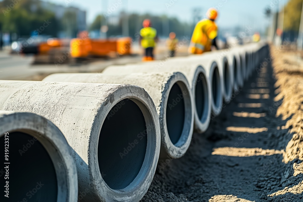 At a bustling construction site, hardworking workers efficiently lay ...