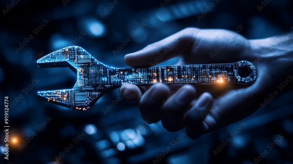 blue digital hand holding wrench spanner with glowing binary code, AI in maintenance management ...