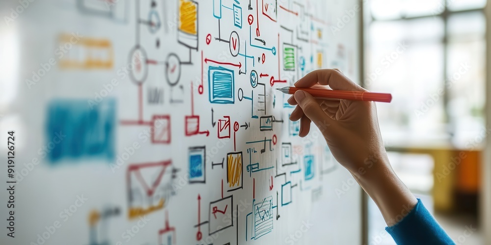 Close-up of a person’s hand drawing intricate diagrams and flowcharts ...