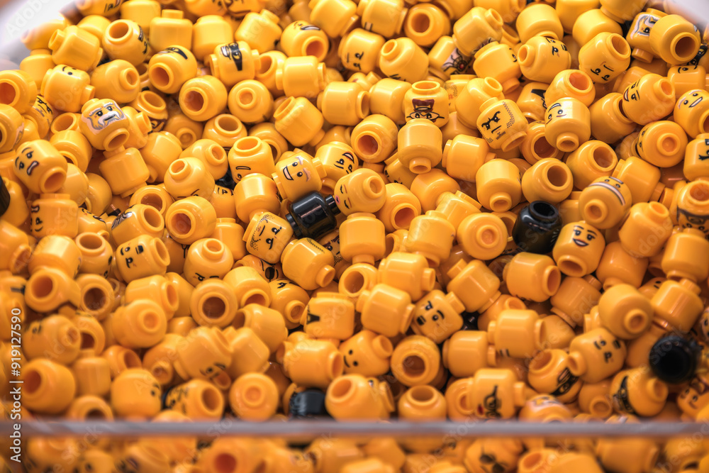 Pile of LEGO minifigure head studs with various facial expressions in ...