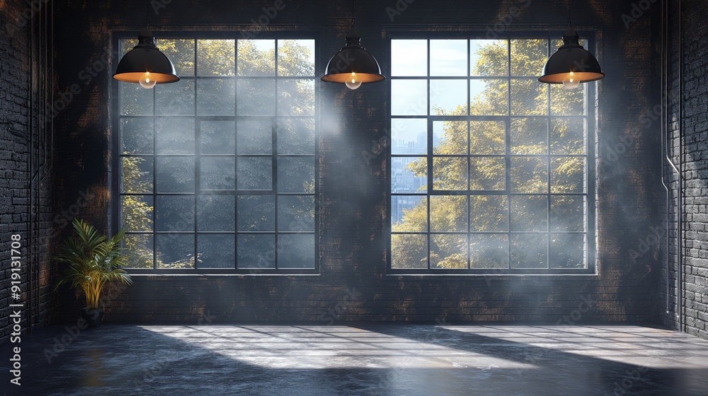 Sunlit Industrial Loft Interior with Large Windows, Exposed Brick Walls ...