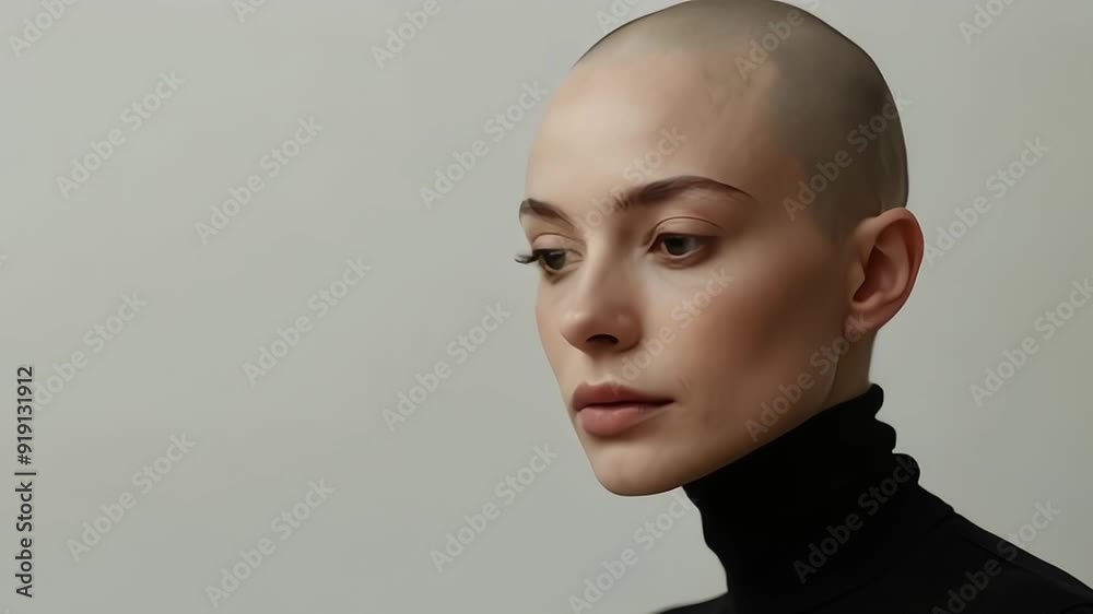 Bald woman close-up studio portrait. Health problem, cancer and ...