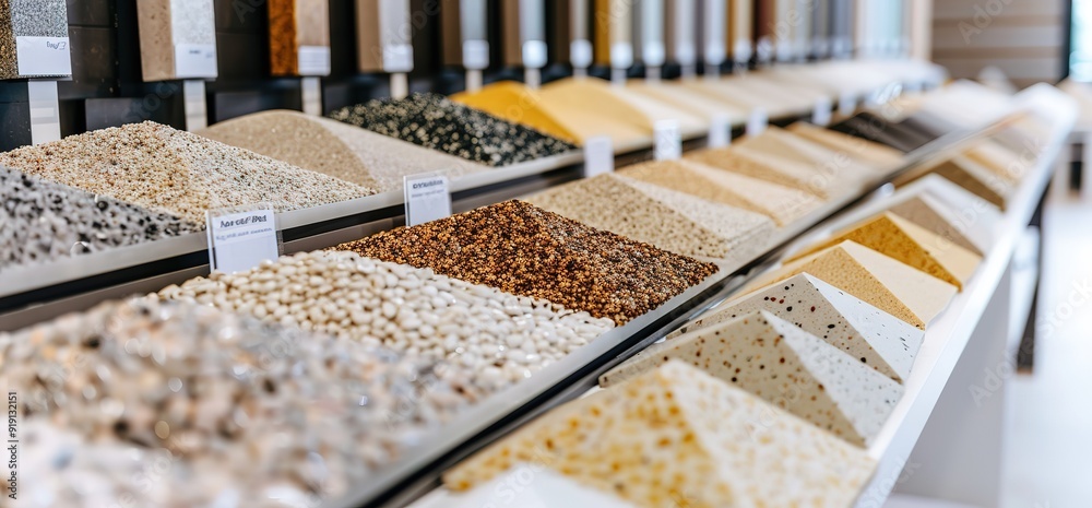 A variety of different types of sand and gravel on display in a store ...