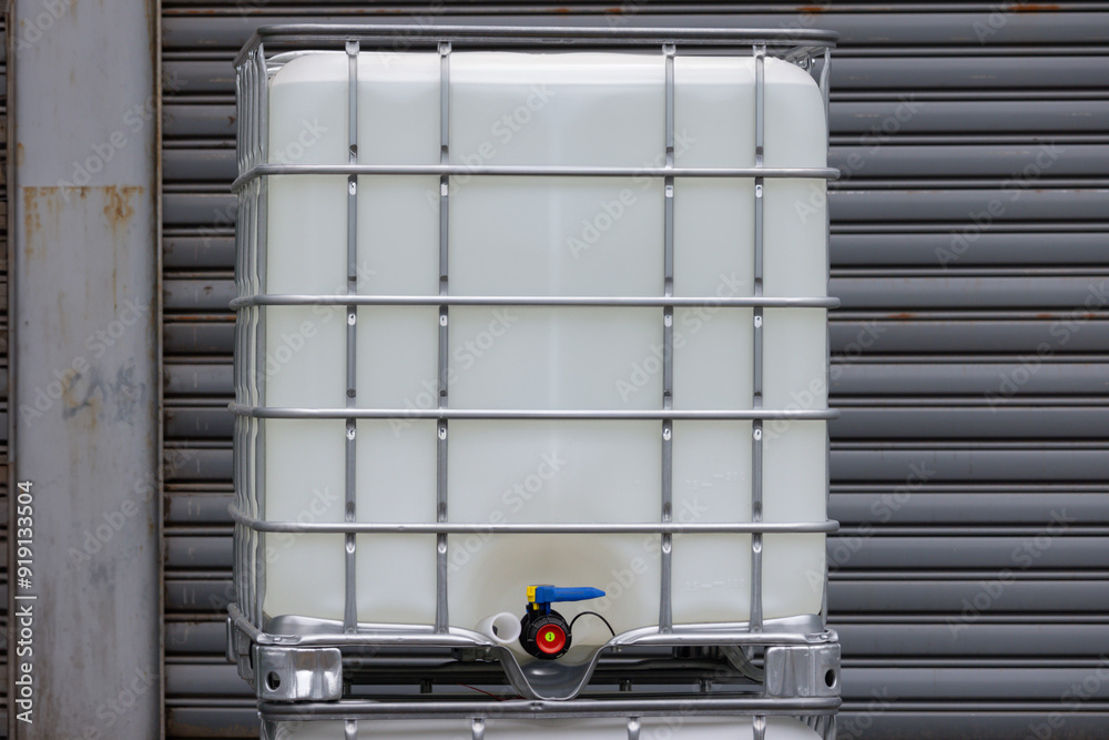 white ibc containers with steel shutter door of factory background ...