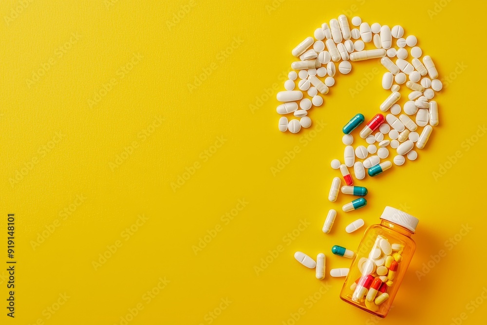 An image of a pill or capsule with a question mark on it and a white ...