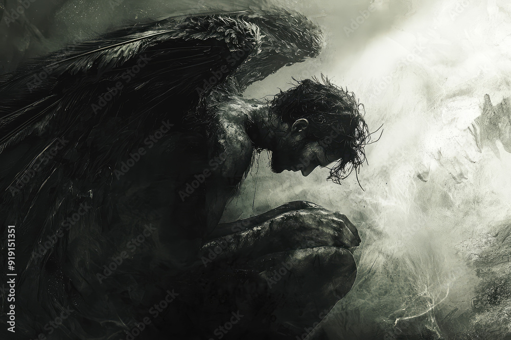 A haunting depiction of a fallen angel, embodying sorrow and despair ...
