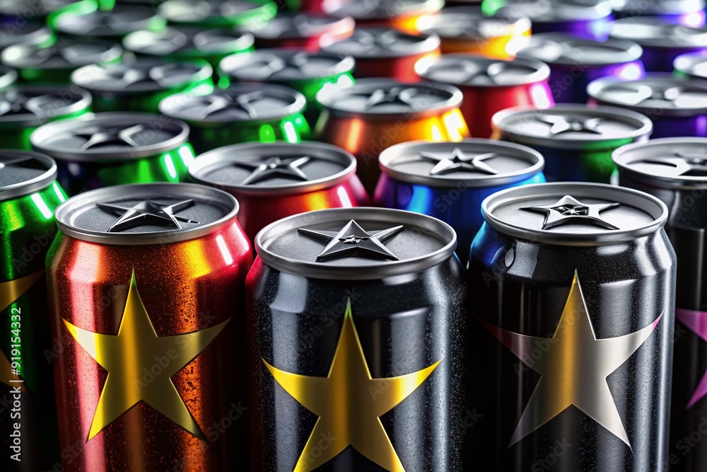 Close-up of modern energy drink cans featuring a black star logo ...