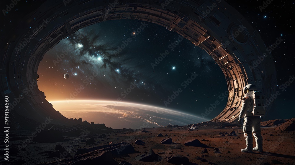 The astronaut is looking at the huge illuminator and an unknown ...