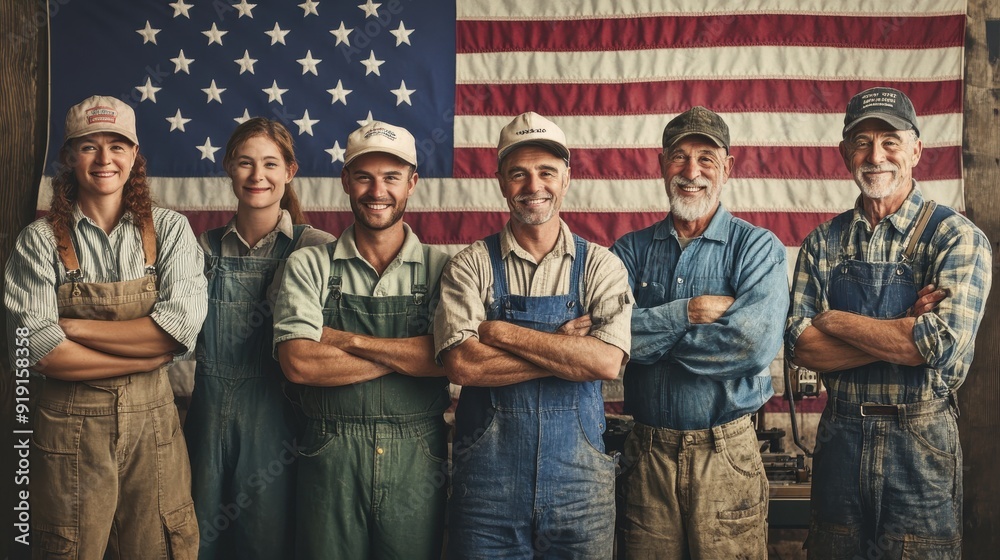 A group of factory workers standing together, smiling and taking a ...
