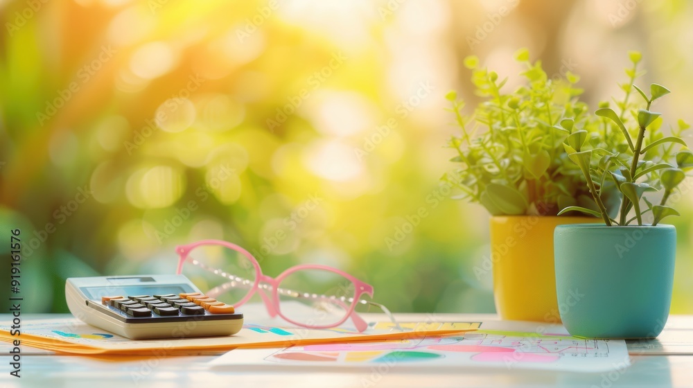 An organized desk with financial documents, charts, and calculators ...