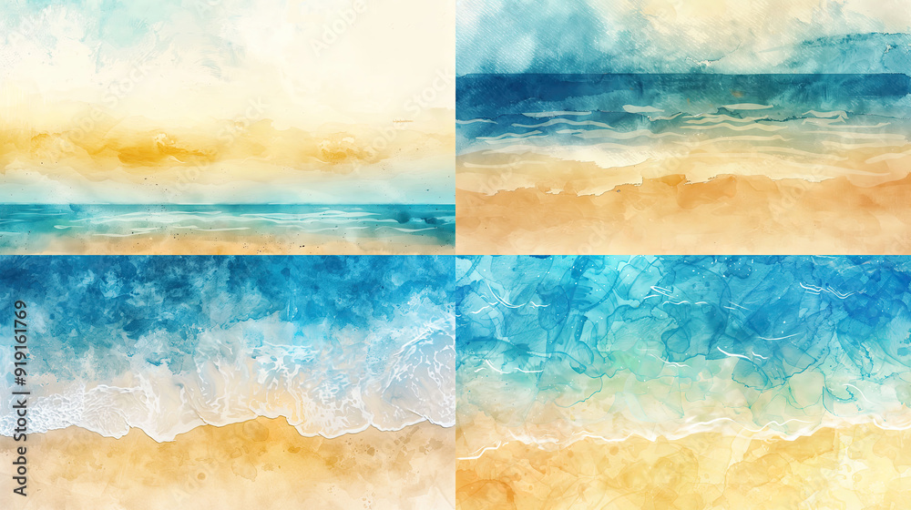 Watercolor gradient wash of a beach scene, featuring dynamic blues and ...