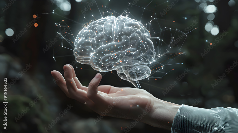 Hand Holding Digital Brain Concept, A futuristic representation of a ...