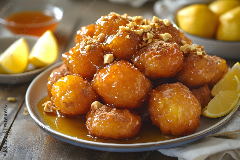 Warm, aromatic loukoumades with honey and cinnamon served in a cozy ...