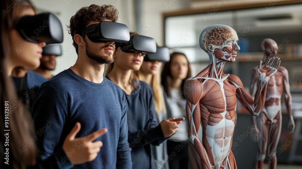 A group of university students using VR headsets for a virtual anatomy ...