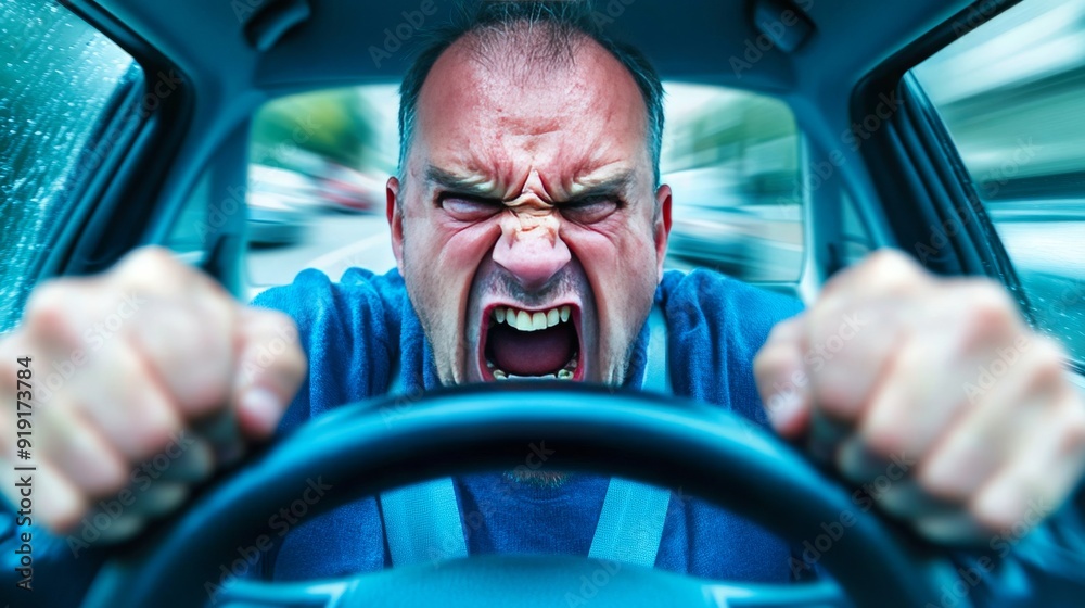 An angry driver gripping the steering wheel with an aggressive ...