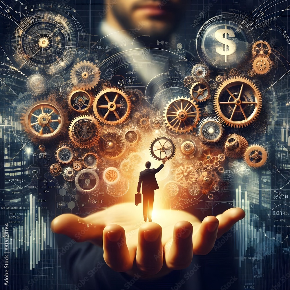 "Economist guiding interconnected gears representing various economic ...