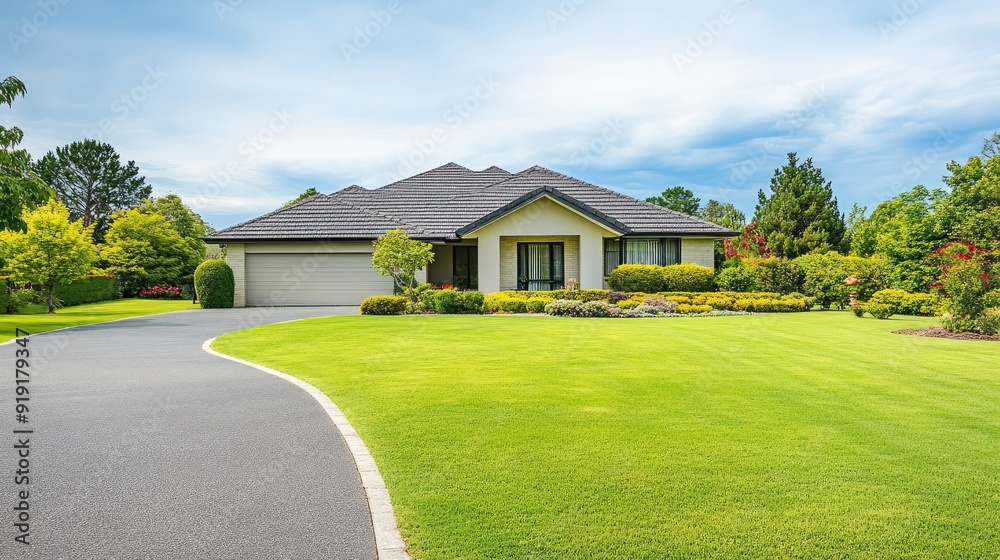 Expansive lawn surrounding a suburban one-story house with a paved ...