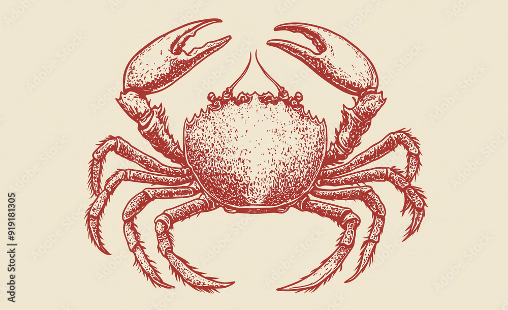 Seafood, crab. Vintage retro print, black white seafood crab sketch ink ...