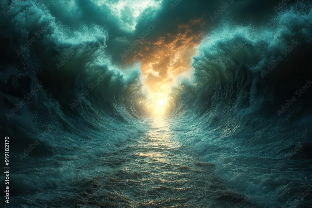 epic biblical scene of moses parting the red sea swirling waters tower ...