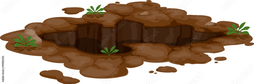 Dirty pit burrow or deep ground hole and underground dig in earth soil ...