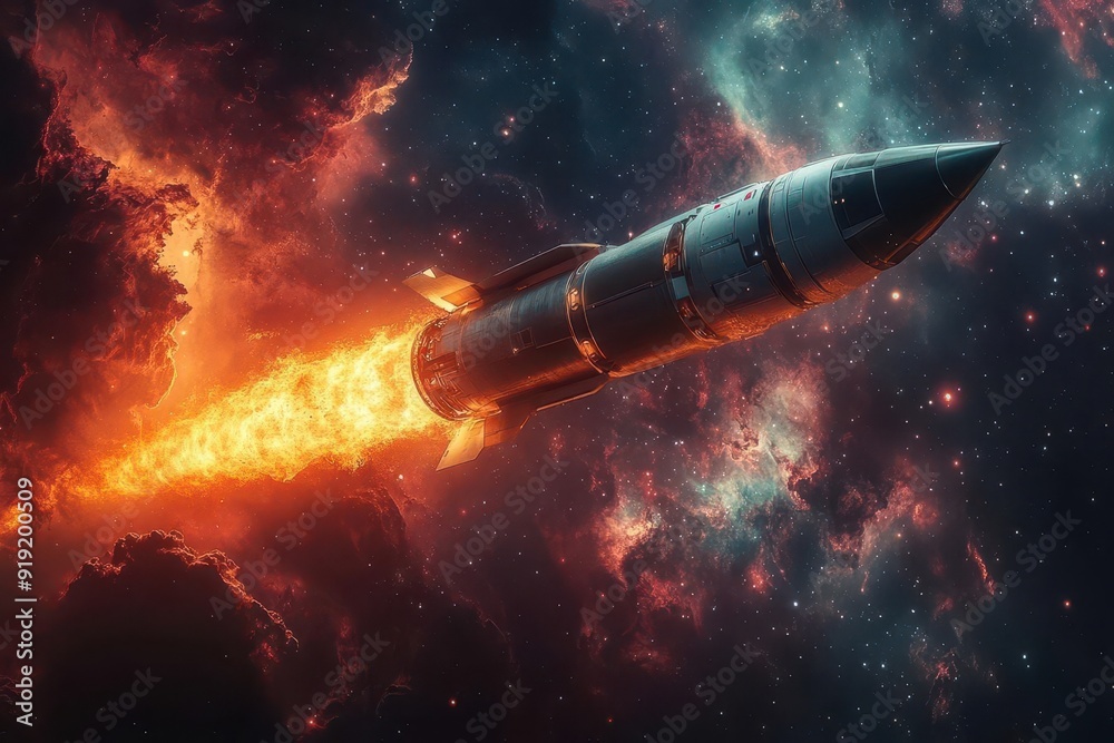 futuristic rocket silhouette soaring through a cosmic tapestry of ...