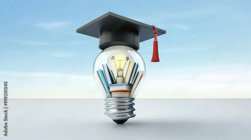 Light bulb inside with books and wearing graduation cap symbolizes education and technology ...