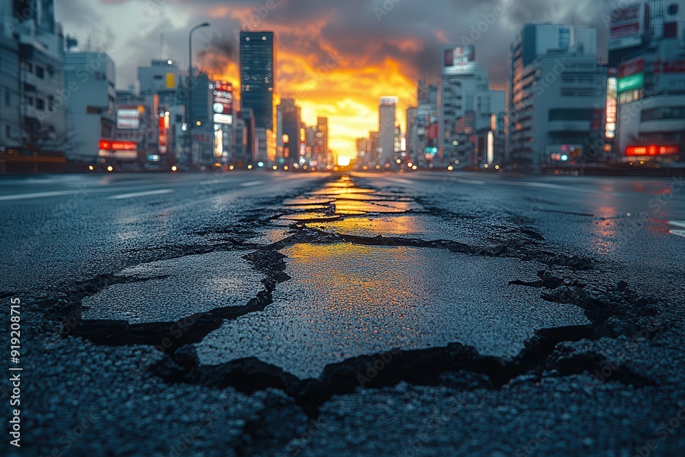 dramatic urban scene of a cracked asphalt road snaking through a ...