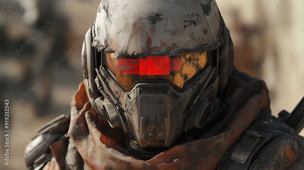 Battle-Hardened Soldier With Damaged Helmet And Red Visor Wearing A Red ...