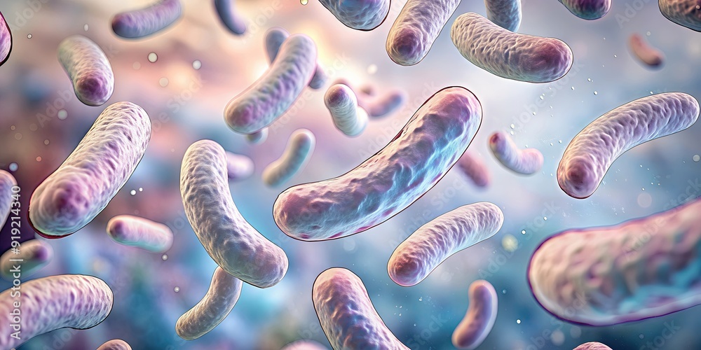 Closeup of 3d microscopic multicolored bacteria. Microscopic image of a ...