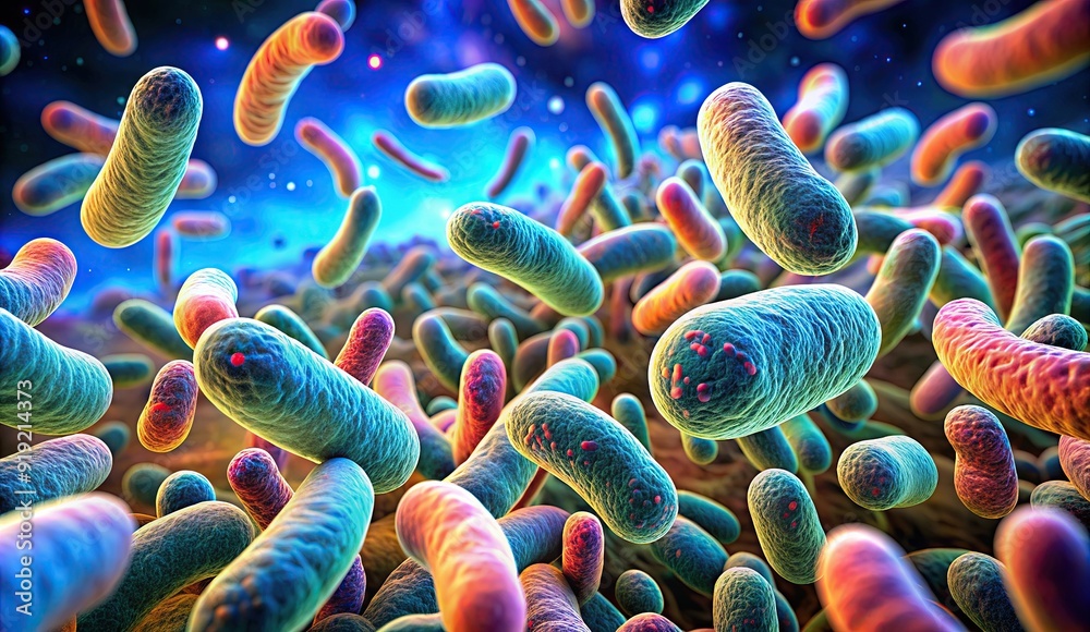 Closeup of 3d microscopic multicolored bacteria. Microscopic image of a ...