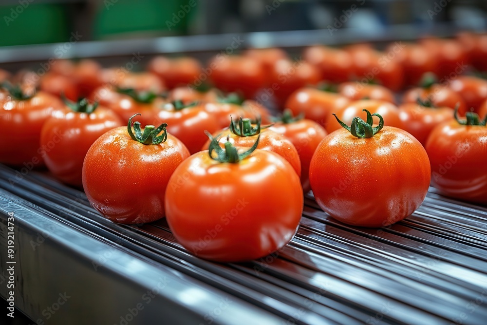 industrial tomato processing line with ripe red tomatoes moving along a conveyor belt stainless ...