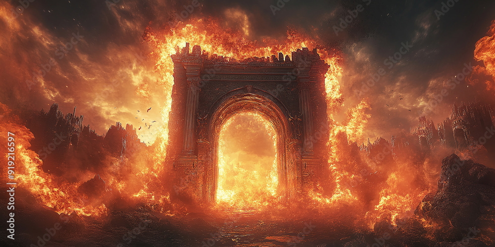 Hell Gate with Flames: A dramatic portrayal of a hell gate engulfed in ...
