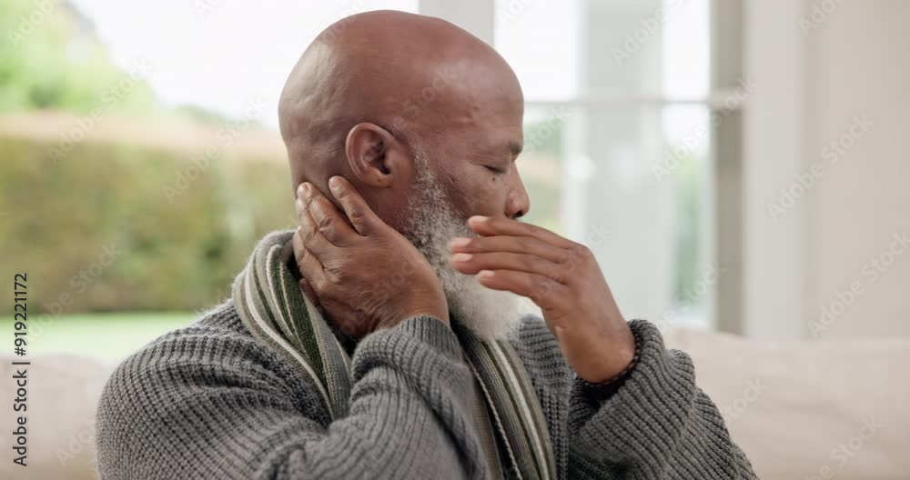 Neck, pain and senior man in home with arthritis, osteoporosis and bad ...