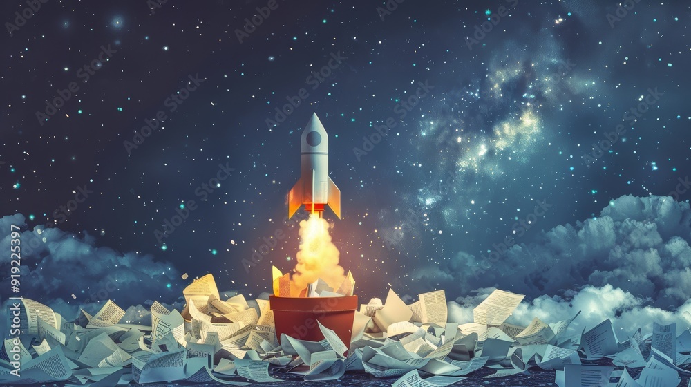 Rocket taking off from a waste basket, surrounded by discarded paper ...