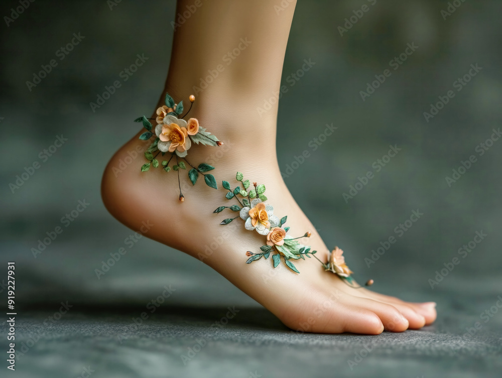 A woman's foot is adorned with a flowery design. The flowers are made ...