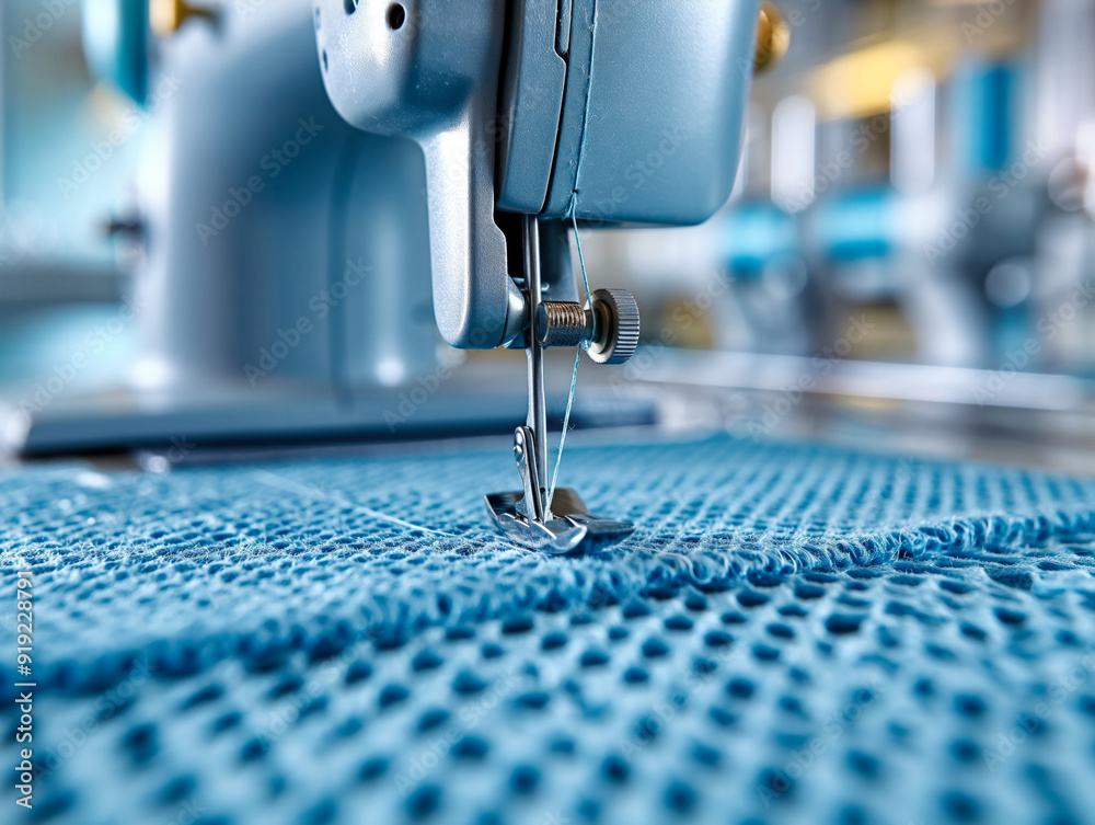 A sewing machine is in use, with a needle and thread being pulled ...