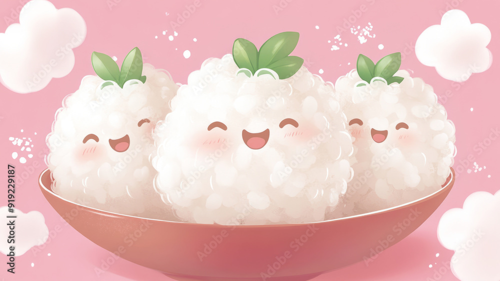 Cute Cartoon Rice Balls in a Wooden Bowl with Happy Faces Stock ...