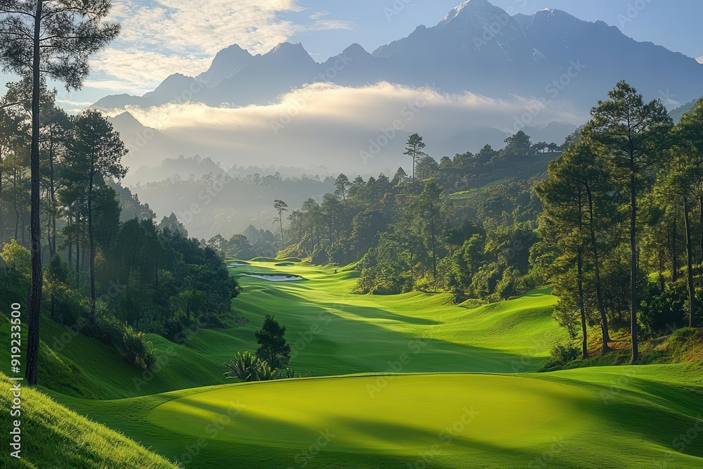 majestic mountain range framing an emerald green golf course early ...