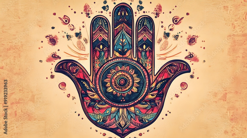 The Hamsa Hand illustration adorned with tribal patterns and mystical ...
