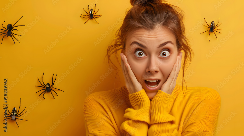 Shocked woman with a terrified expression as spiders crawl around her ...