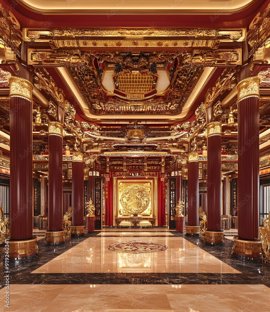 Traditional Chinese Palace Interior Design with Golden and Red Decor ...