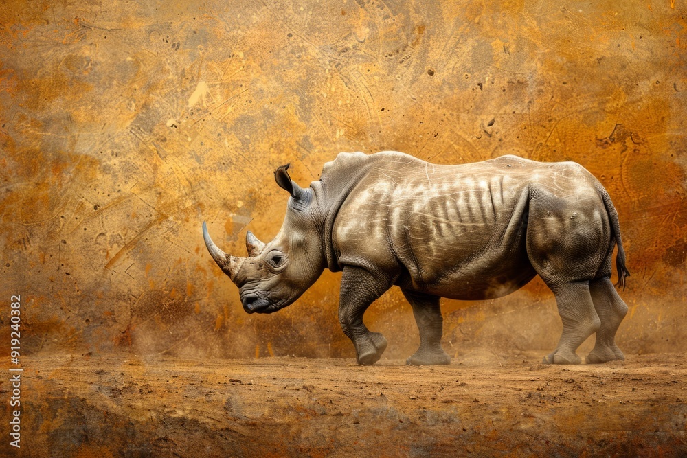 Majestic rhino in a rustic textured background. Wildlife art scene with ...