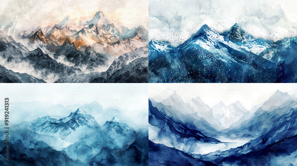 Watercolor salt texture on mountain ranges and peaks, majestic vistas ...