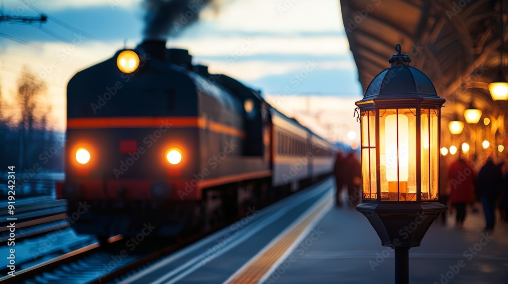 A detailed image of a train station at dusk, with an old steam ...