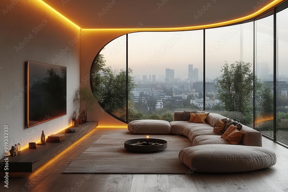 minimalist living room with floortoceiling windows oversized curved ...