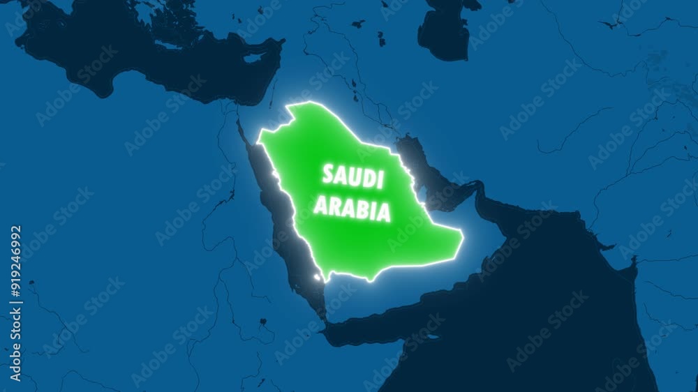 Saudi Arabia green 3D animation Map with glow border and Text. Map of ...